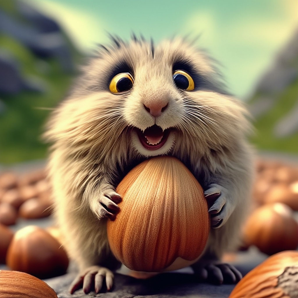 "Funny, shaggy, bug-eyed lemming, in the hands of a huge hazelnut ...