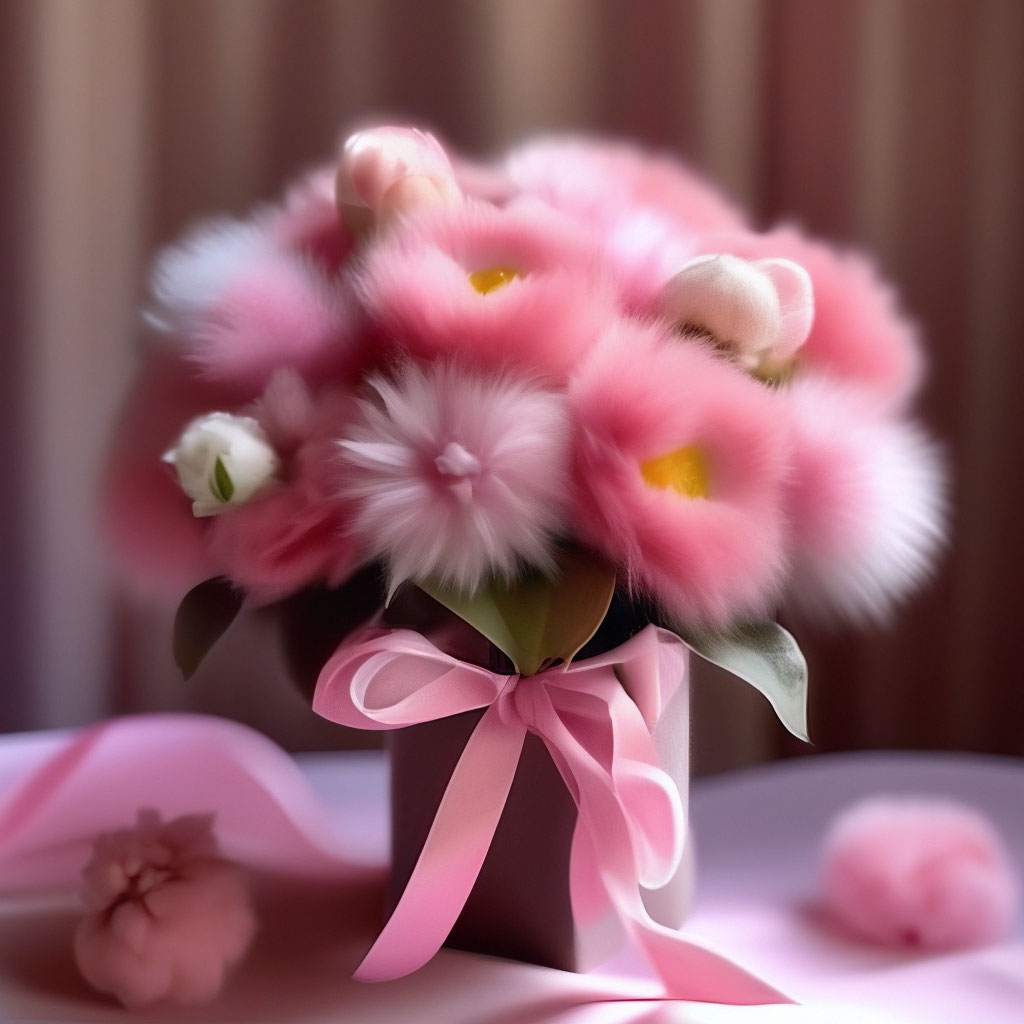 "A bouquet of fluffy flowers in a beautiful package, pink ribbon ...