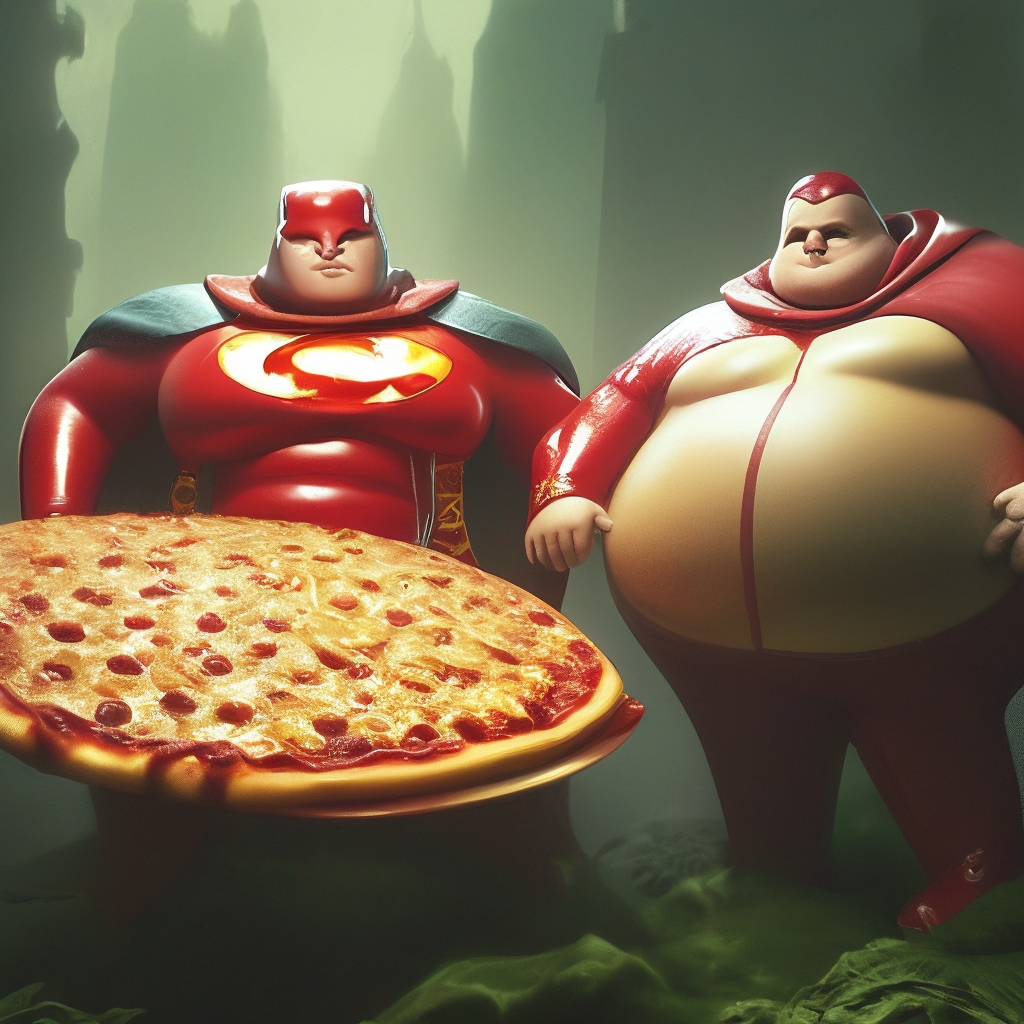 "Pizza man and burger boy are fat superheroes" — image created in Shedevrum