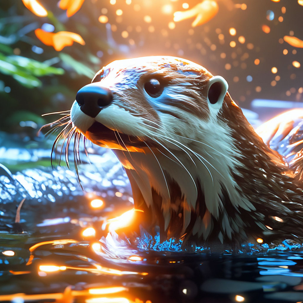 "Ghostly translucent otter, futuristic shimmering forest rivers, gently ...