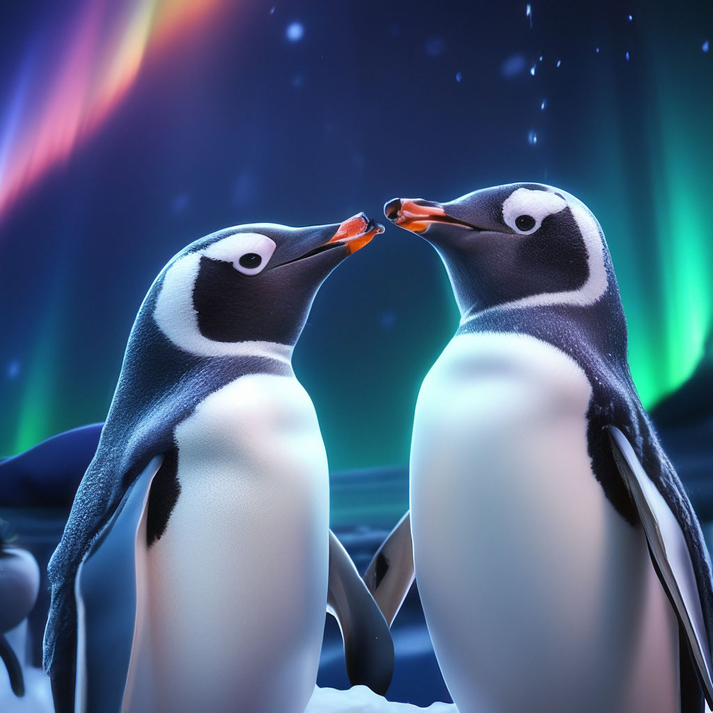 ""Nocturnal Antarctica, a detailed smiling pair of penguins say hello ...