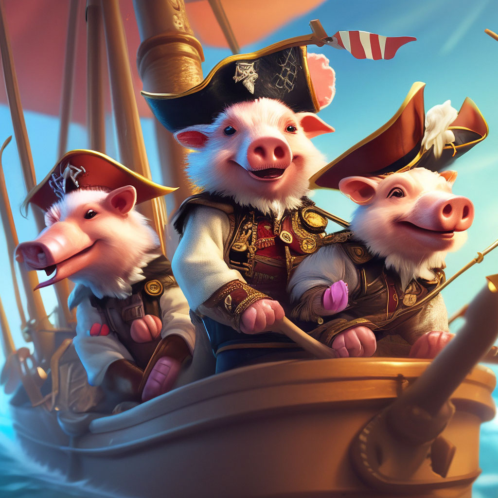 "Pigs sail on a pirate ship - fl-ag in the form of a skull, a captain's ...