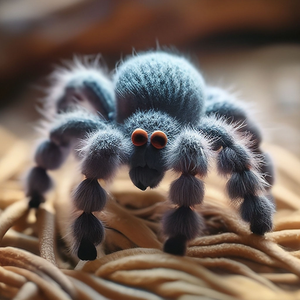 "Knitted cute velvety tarantula, very fluffy, cinematic, hyper detailed ...