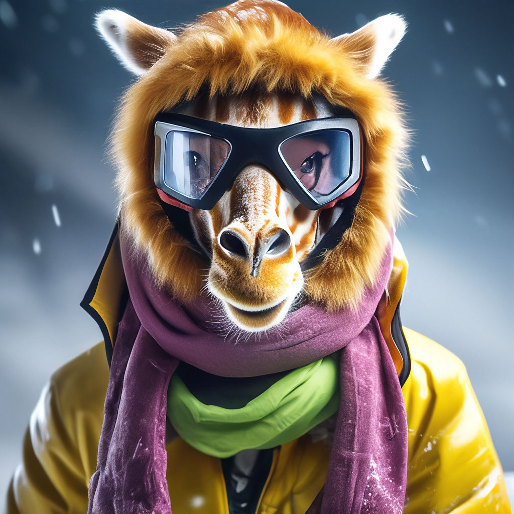 "Giraffe on a snowboard in a jacket, full-length, scarf, ski mask ...