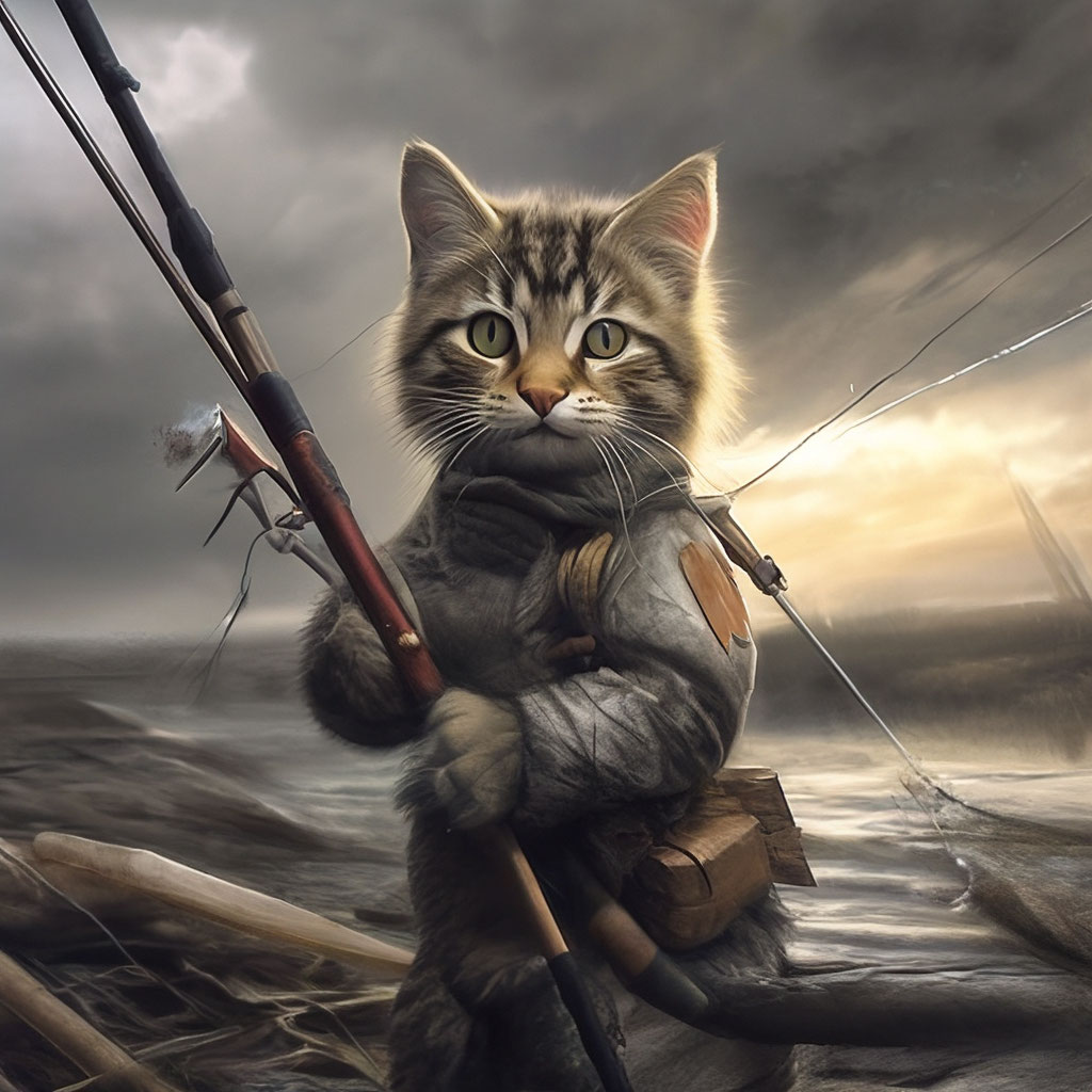 "A cat with a fishing rod in its paws hyperrealism" — image created in ...