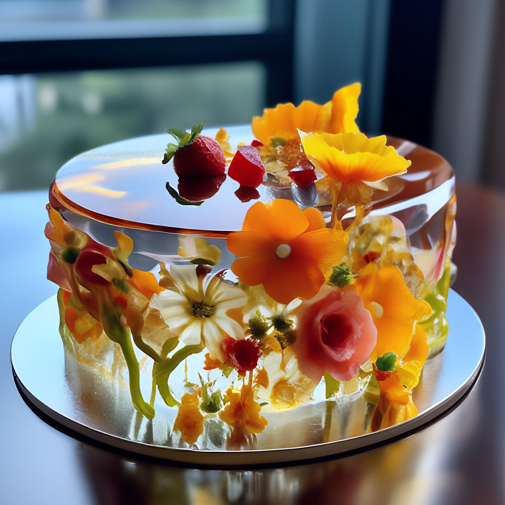 "A cake made of transparent epoxy resin flowers and mango passion fruit ...