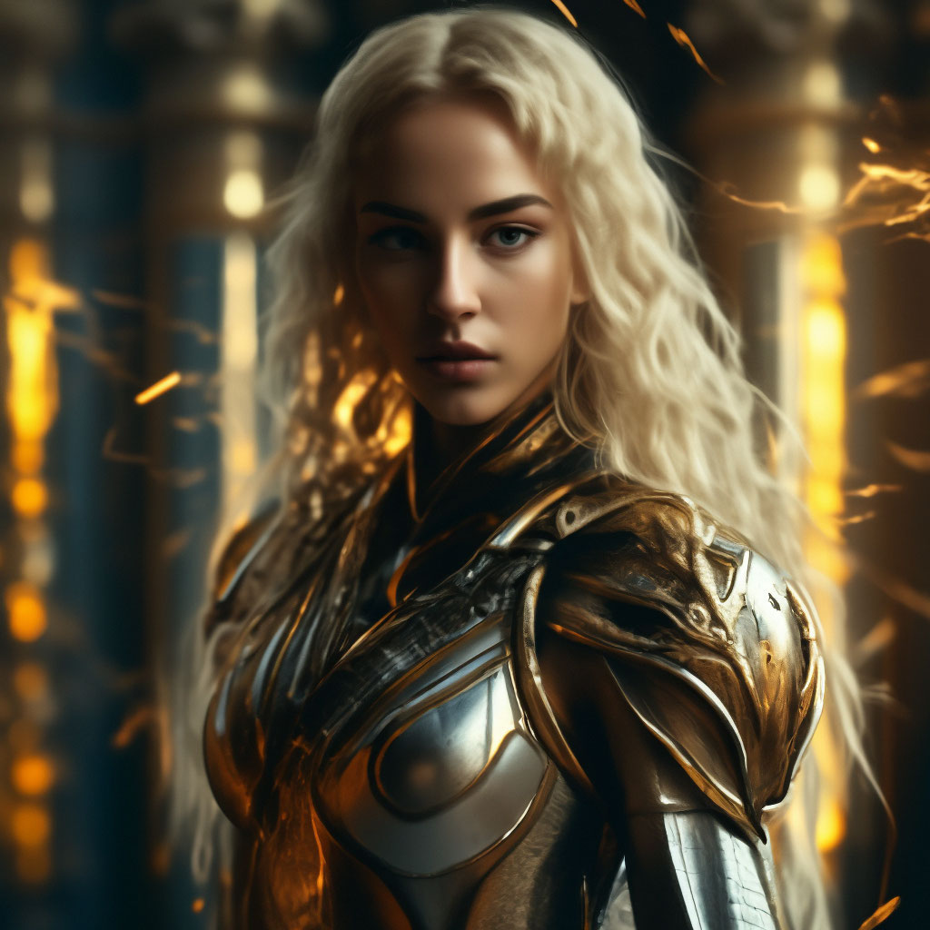 "Multiple exposure, a blonde cute slavic priestess stand with helmet ...
