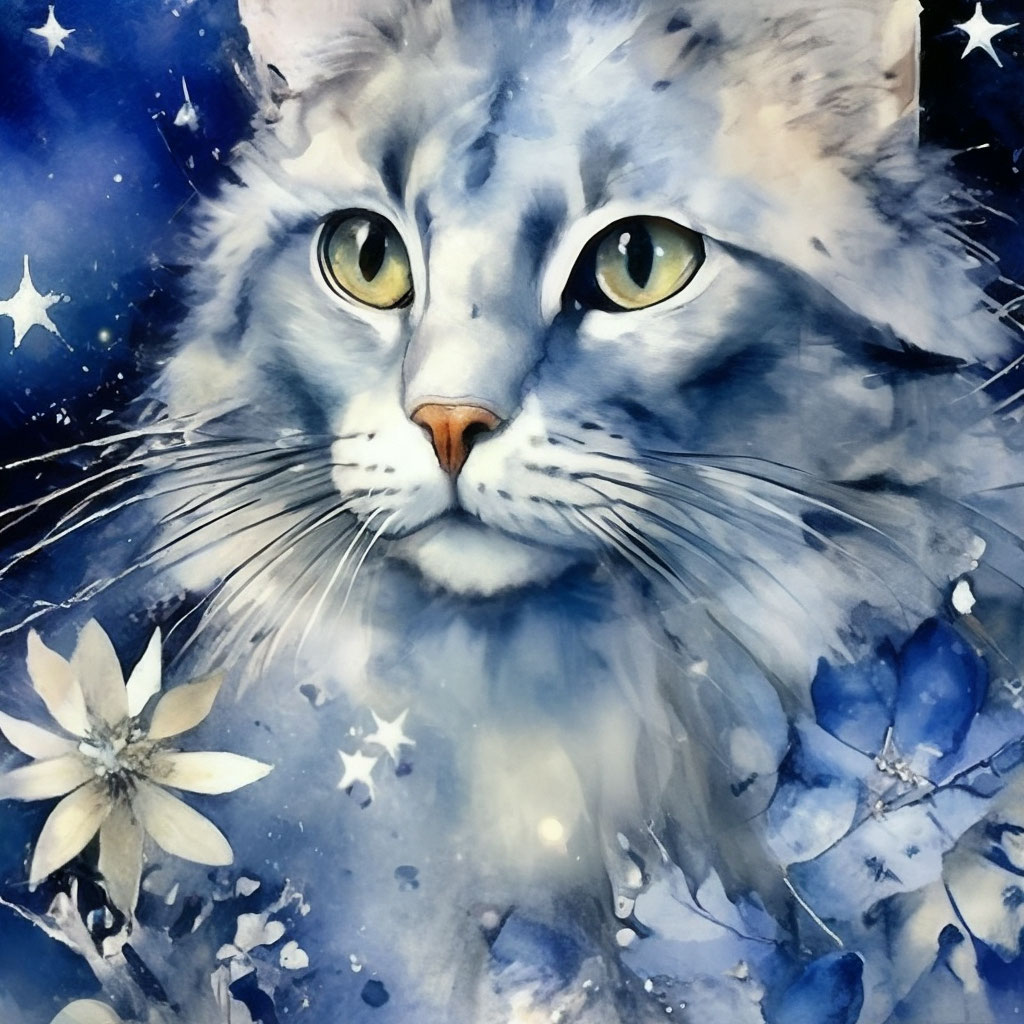 "Blue and silver watercolor, cat in flowers, aged drawing, patina ...