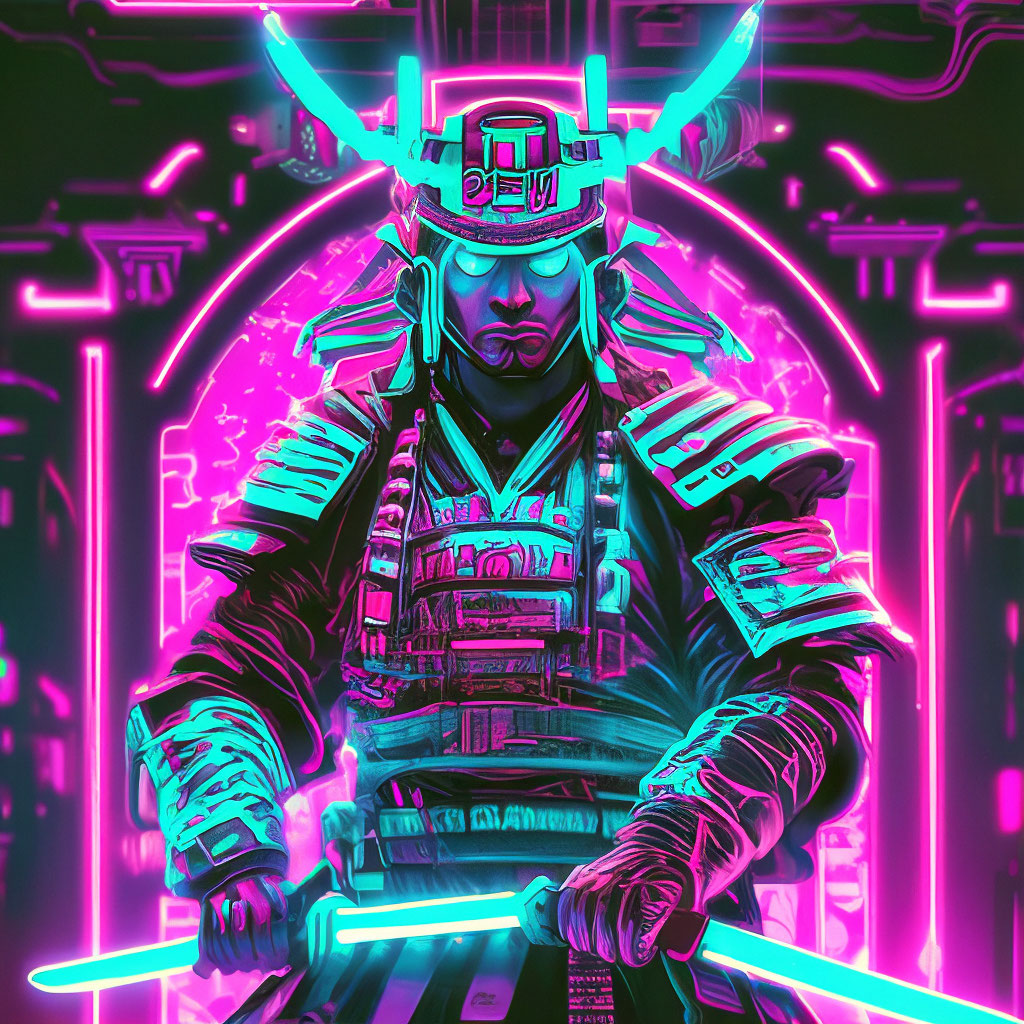 "Samurai in neon cyberpunk style turquoise and purple glow black ...