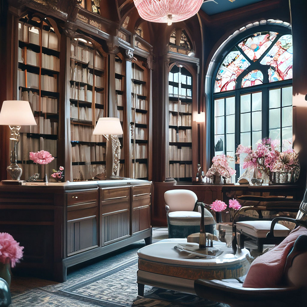 "Cozy library with many glazed cabinets, decorative stone, polished ...