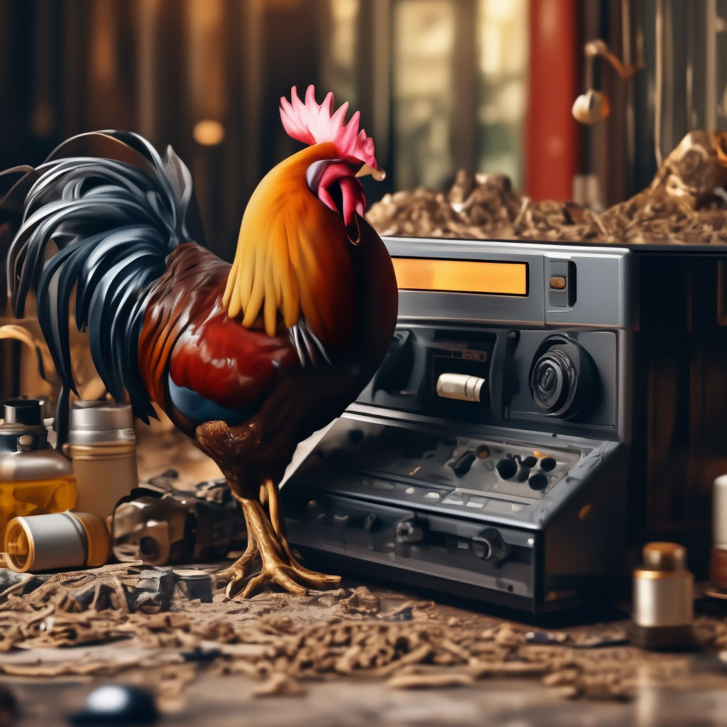 "A rooster is sitting on an old tape recorder, a gold chain around his ...