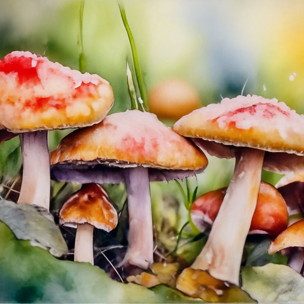 "Watercolor drawing close-up mushrooms in the forest, fine drawing ...