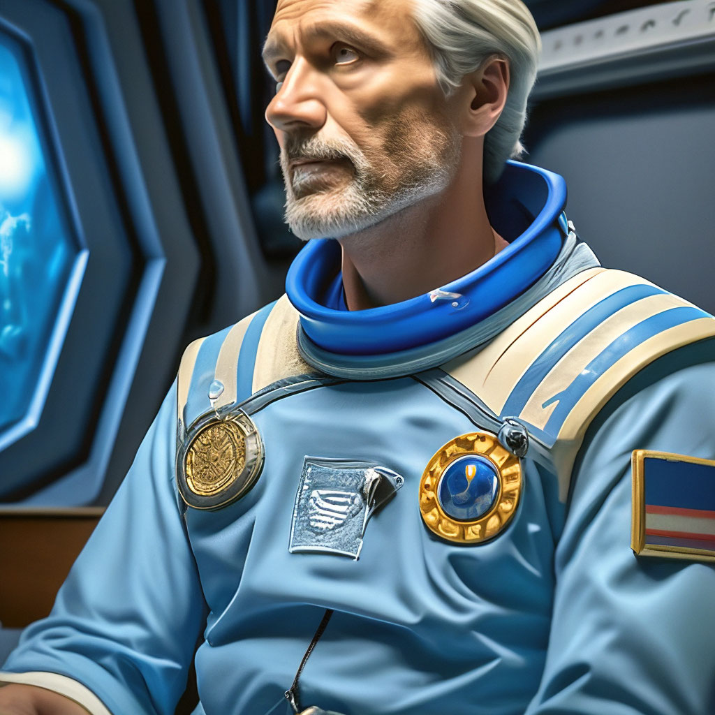 "A gray-haired man in a blue tunic with a medal, a view of space in the ...