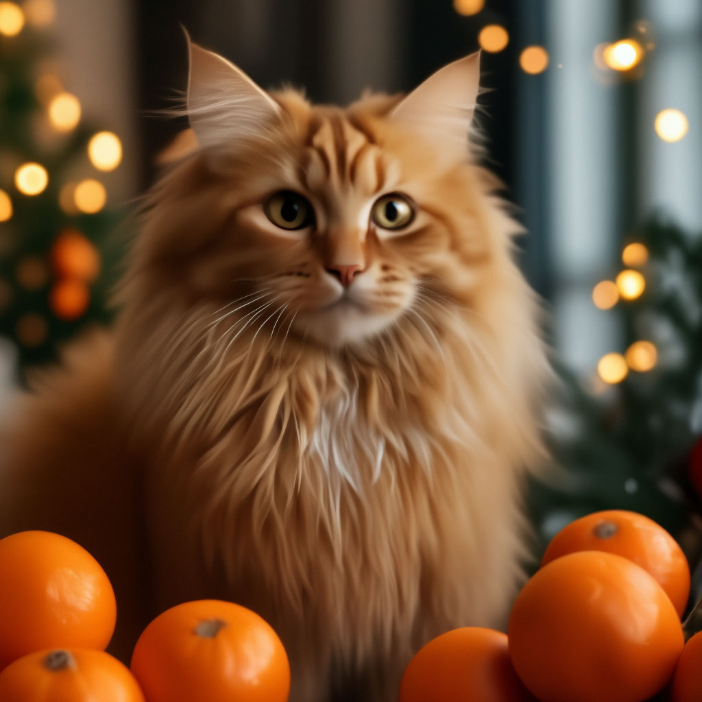 "A cute fluffy red cat in tangerines and a decorated Christmas tree ...