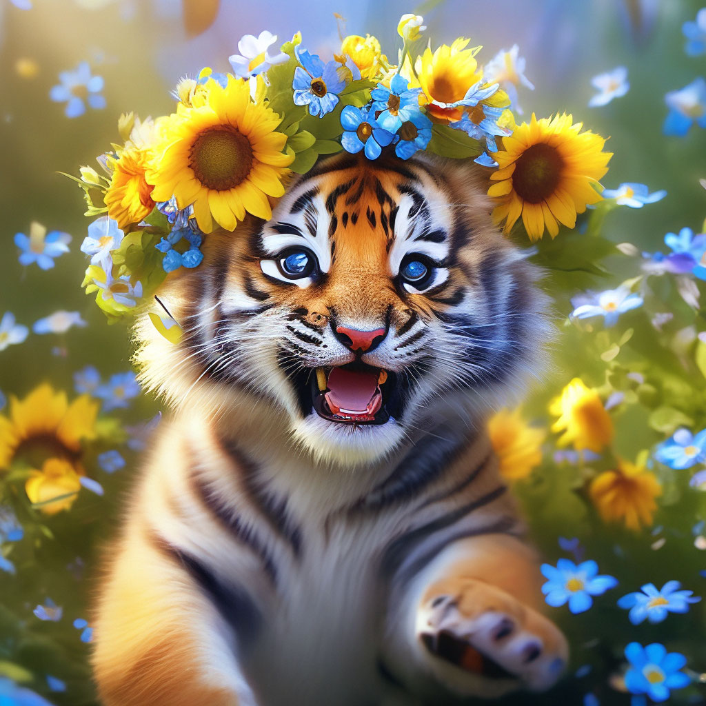 "Fantasy art.Surrealism. cute fluffy tiger cub,smiling,cheerful face,a ...