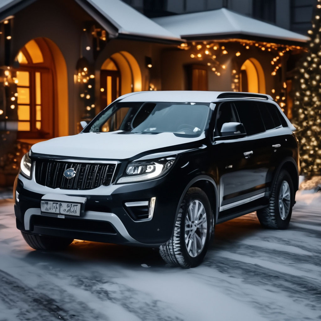 "A beautiful big black car is covered with snow, next to a Christmas ...