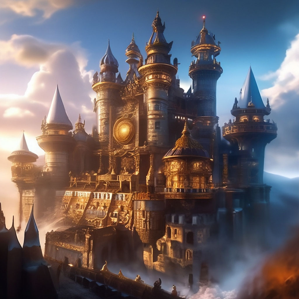 "Medieval fantasy steampunk castle" — image created in Shedevrum