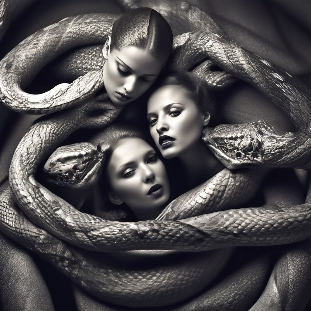 "A tangle of snakes, in the form of women.The bodies are intertwined ...