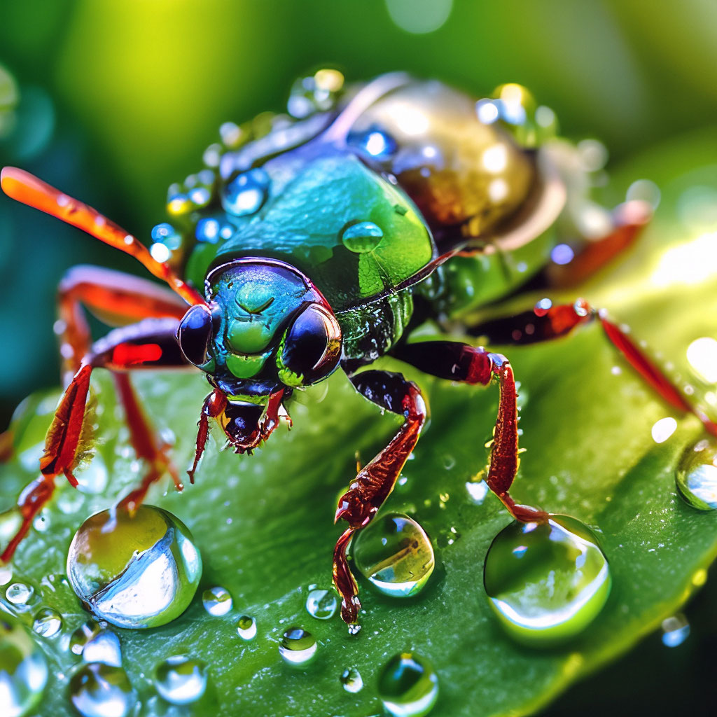 "Hyperrealism, May bug sitting on a green leaf, dew drops, beautiful ...