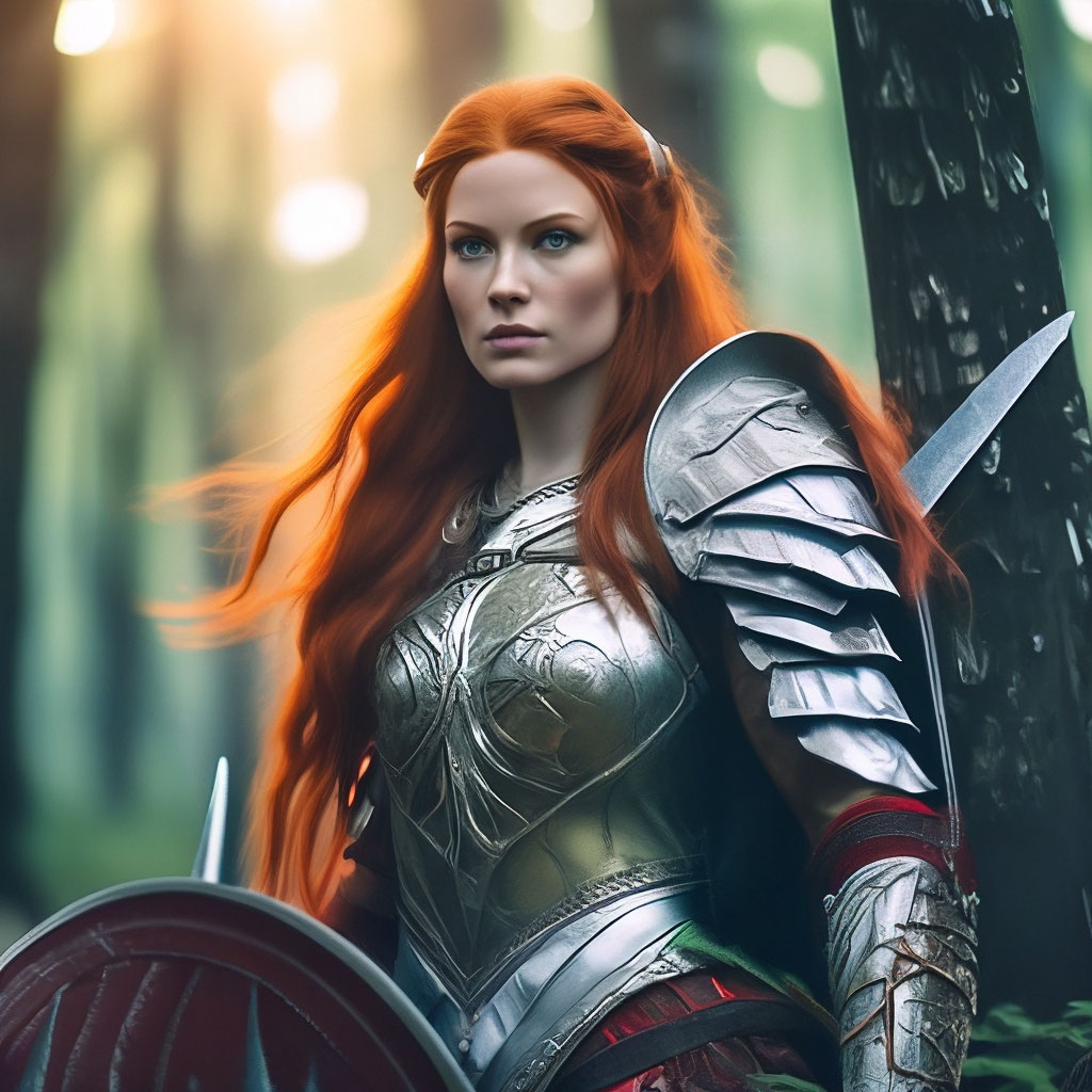 "Red-haired valkyrie with white skin in the forest in armor" — image ...