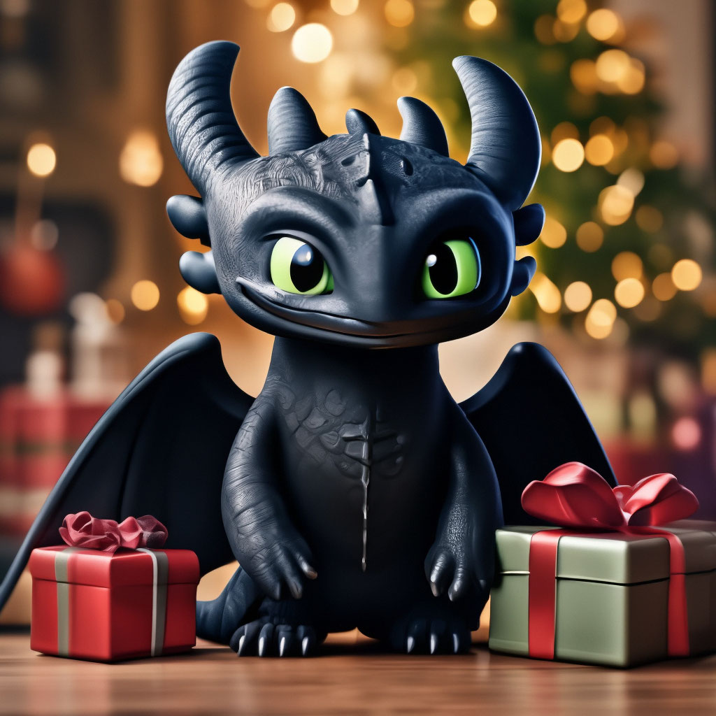 "Toothless is wearing a hat and he is standing next to a Christmas tree ...