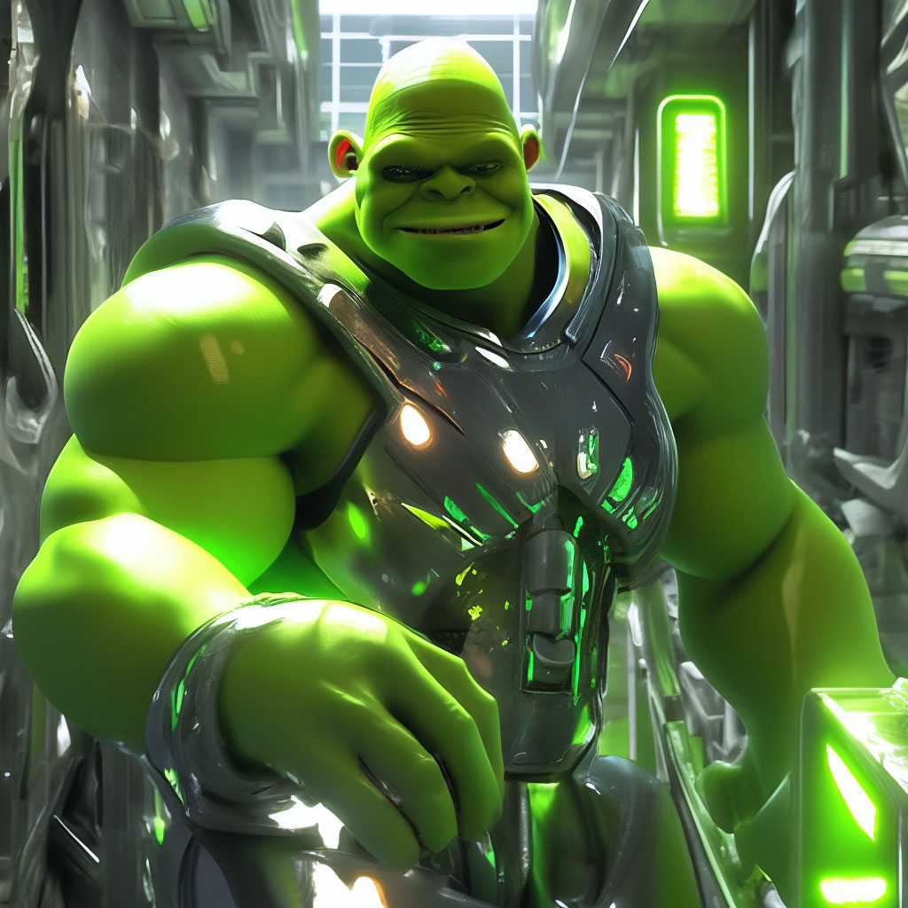 "Shrek is hiding in the Hulk" — image created in Shedevrum