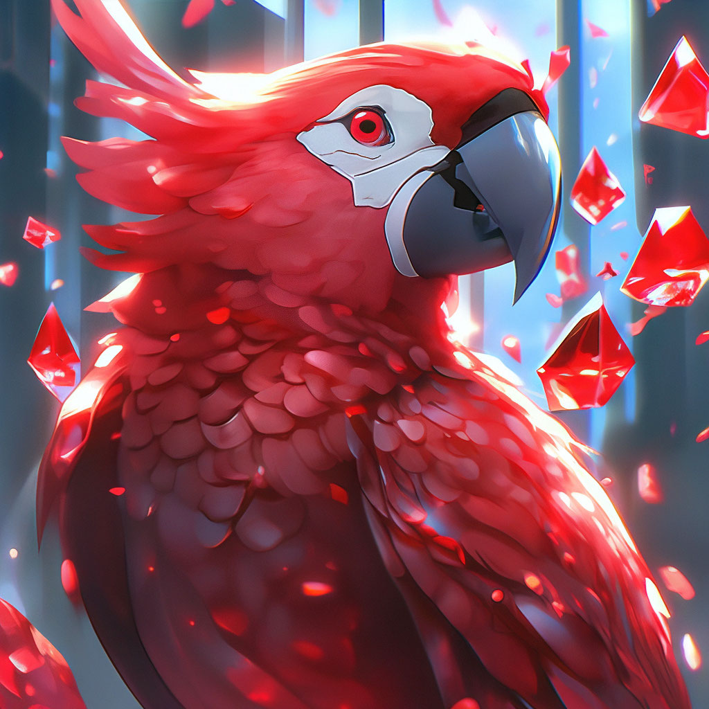 "Red parrot with red crystals anime" — image created in Shedevrum