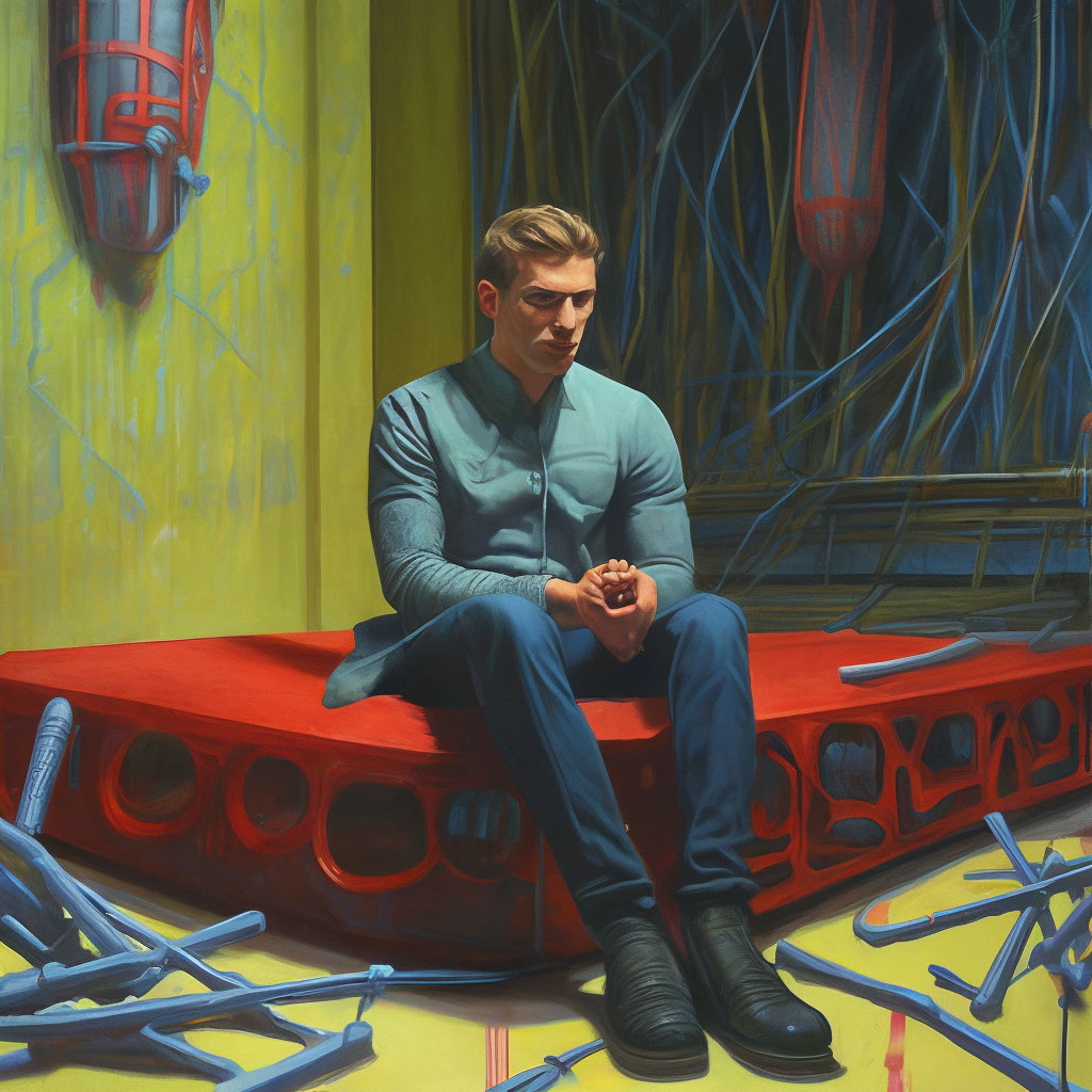 "Sitting on pins and needles" — image created in Shedevrum