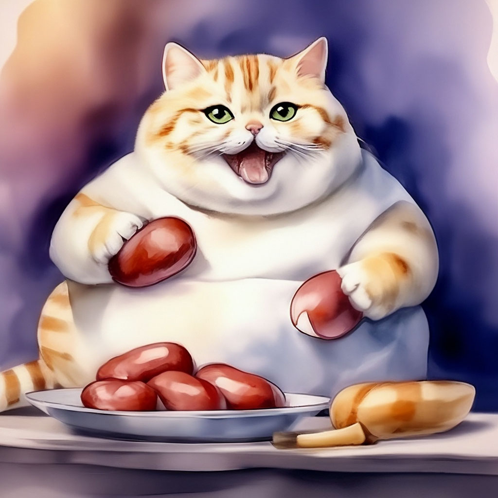 "Happy fat cat, sour cream, a bowl and a delicious sausage next to it ...