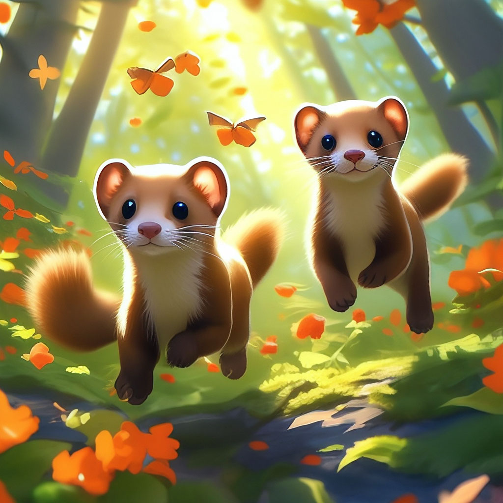 "A cute little brown ferret and a cute ochre ermine are jumping around ...