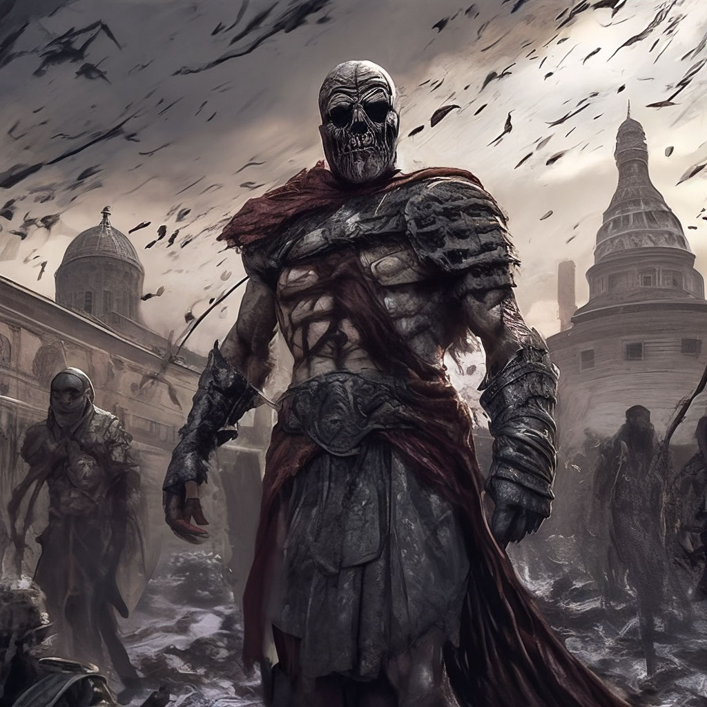 "Undead attacked Ancient Rome, comic art, horror, black haze ...