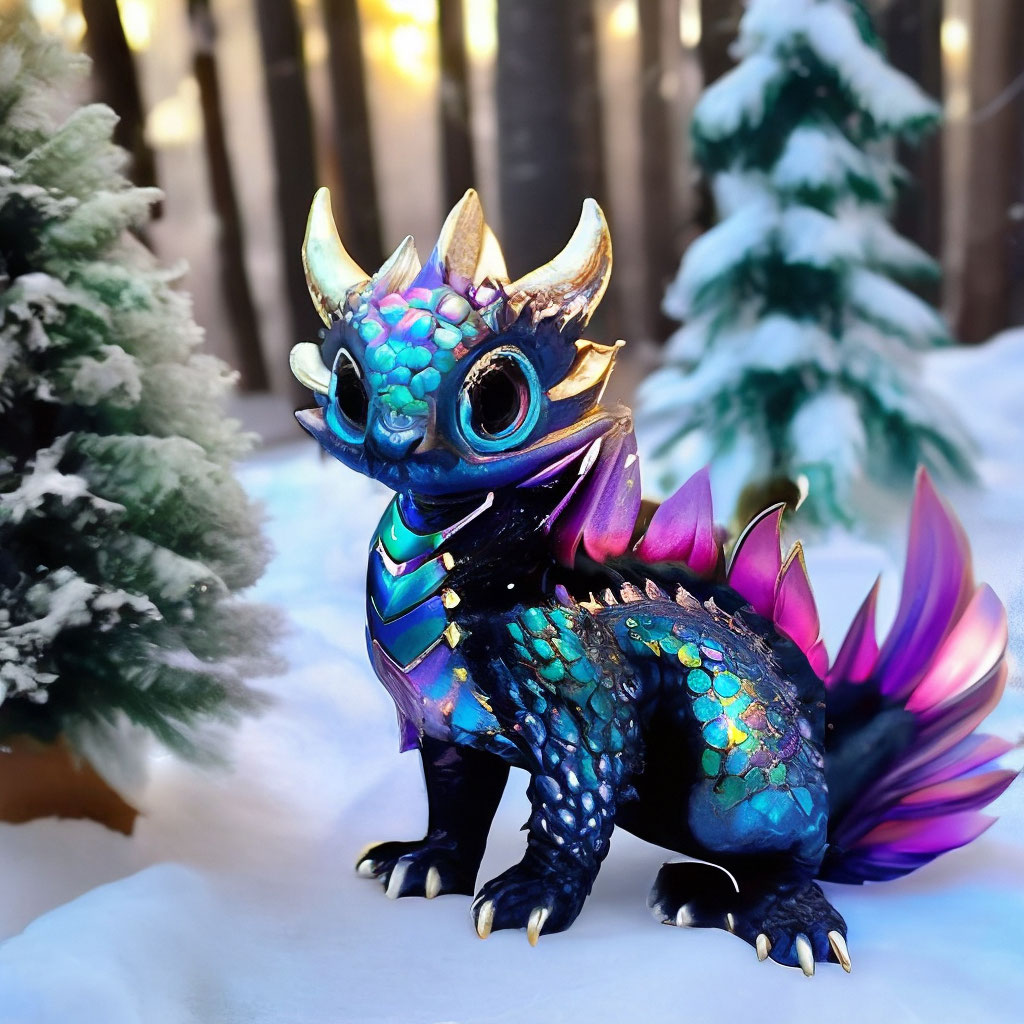 "A beautiful fluffy sable dragon near the Christmas tree, big eyes ...