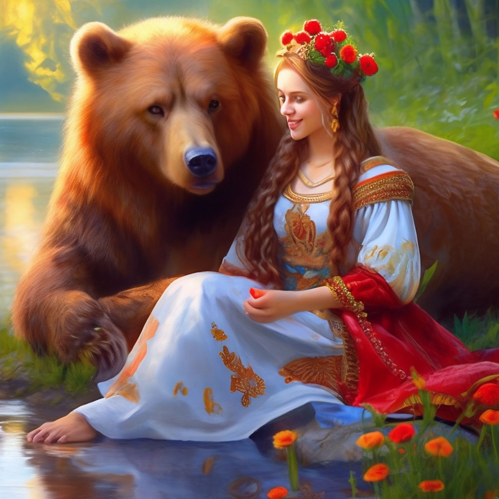 "The princess and the brown bear by the river, summer, fairy tale ...
