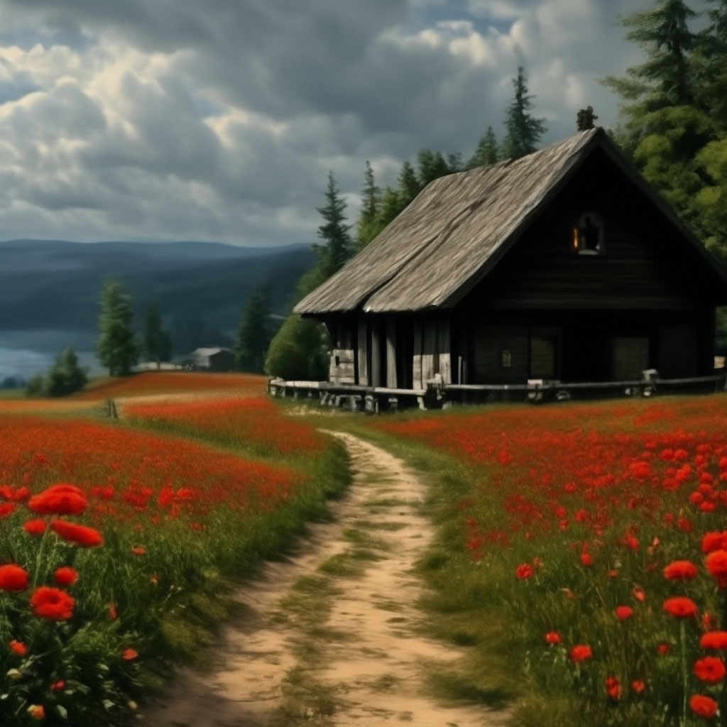 "Forest edge, poppy meadow hut,road,horror fabulous landscape ...