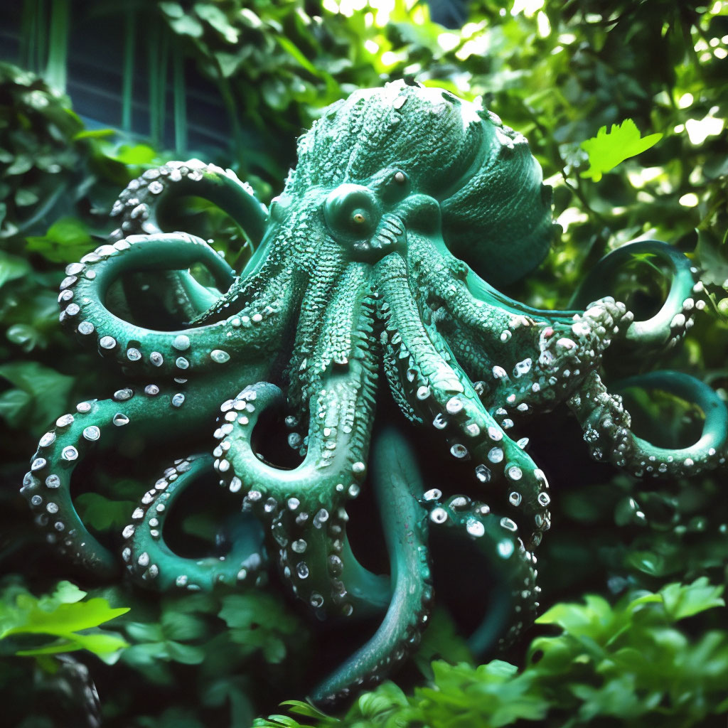 "A large majestic octopus plant among vines and ivy, black green ...