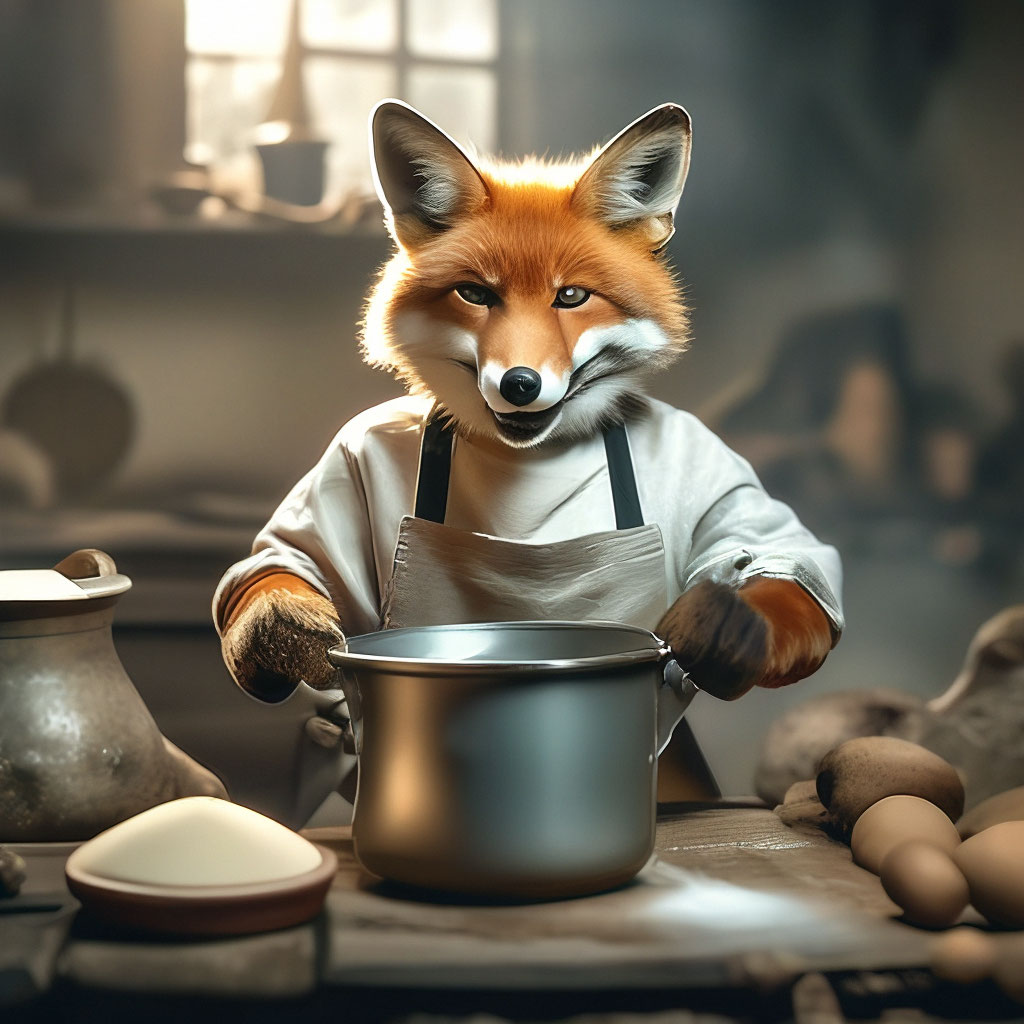 "The fox is a cook. real photo. he holds a ladle in his hands. there is ...