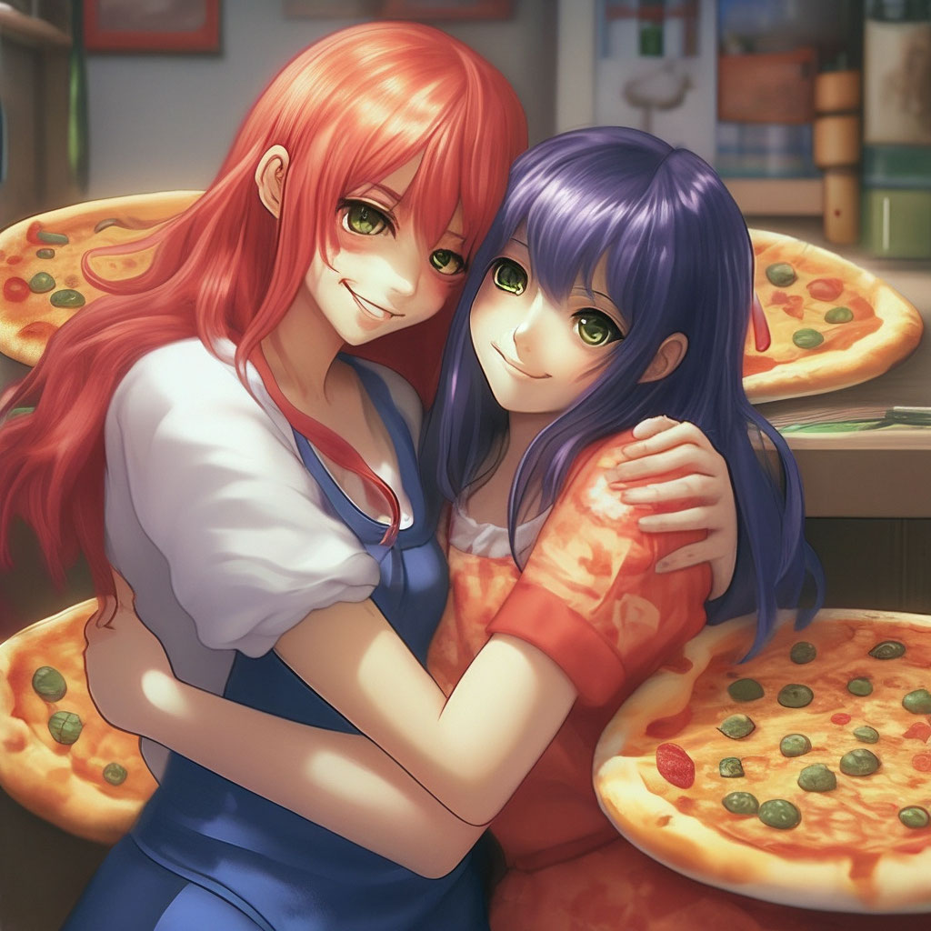 "Two pizzas hugging, anime, hyperrealism" — image created in Shedevrum