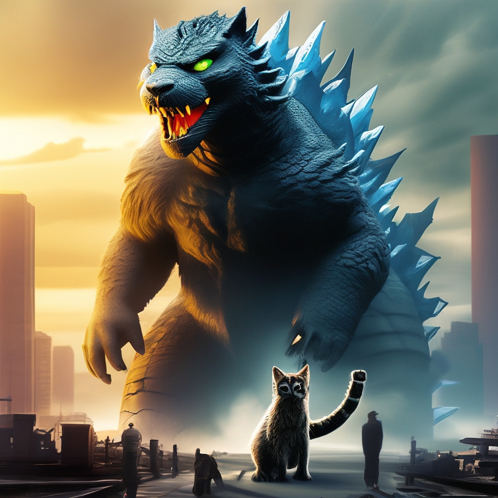 "Godzilla + the cat" — image created in Shedevrum