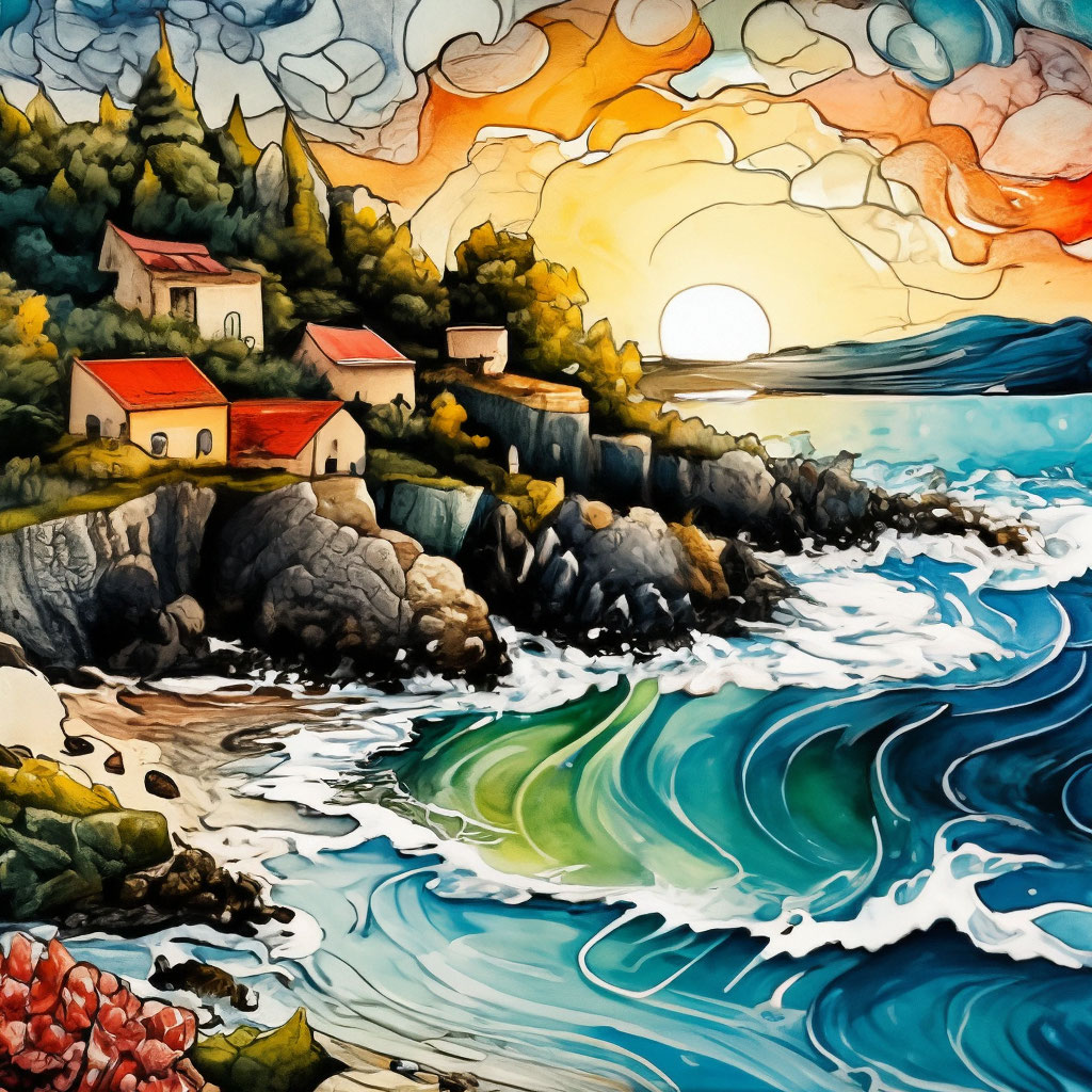 "Coast, drawing, watercolor, ink drawing, volumetric watercolor ...
