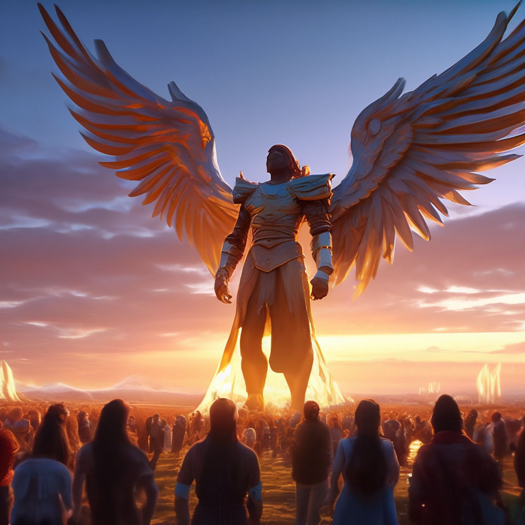 "A tall sculpture of a tired warrior with luminous lowered wings in a ...