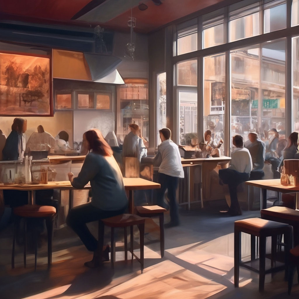 "Trendy coffee shop, social realism" — image created in Shedevrum