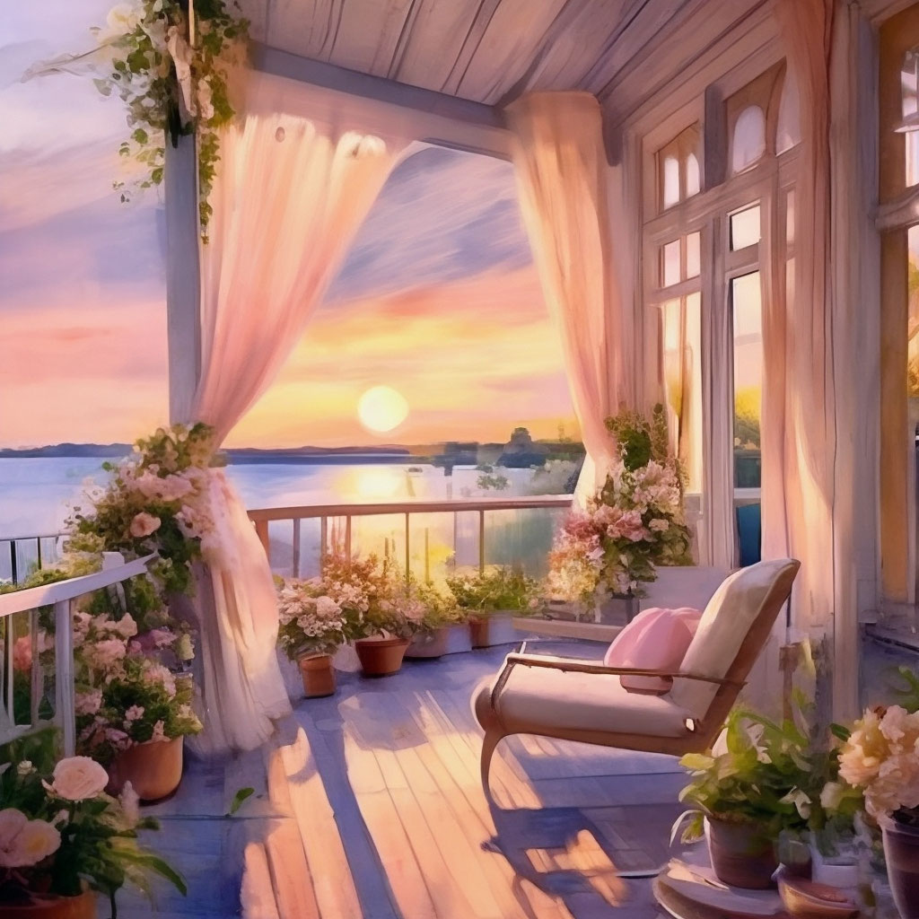 "Cozy outdoor veranda in a country house, sea, lake, ocean, sunset ...
