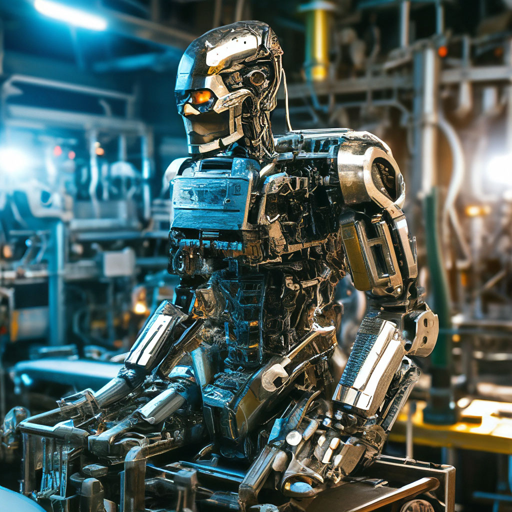 "Terminator T-800, stands on a repair pedestal, presented in ...