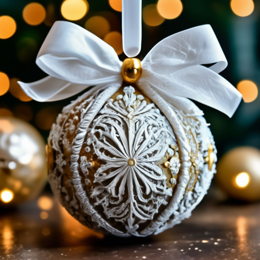 "On a collectible Christmas tree ball with a chic lace snow-white bow ...