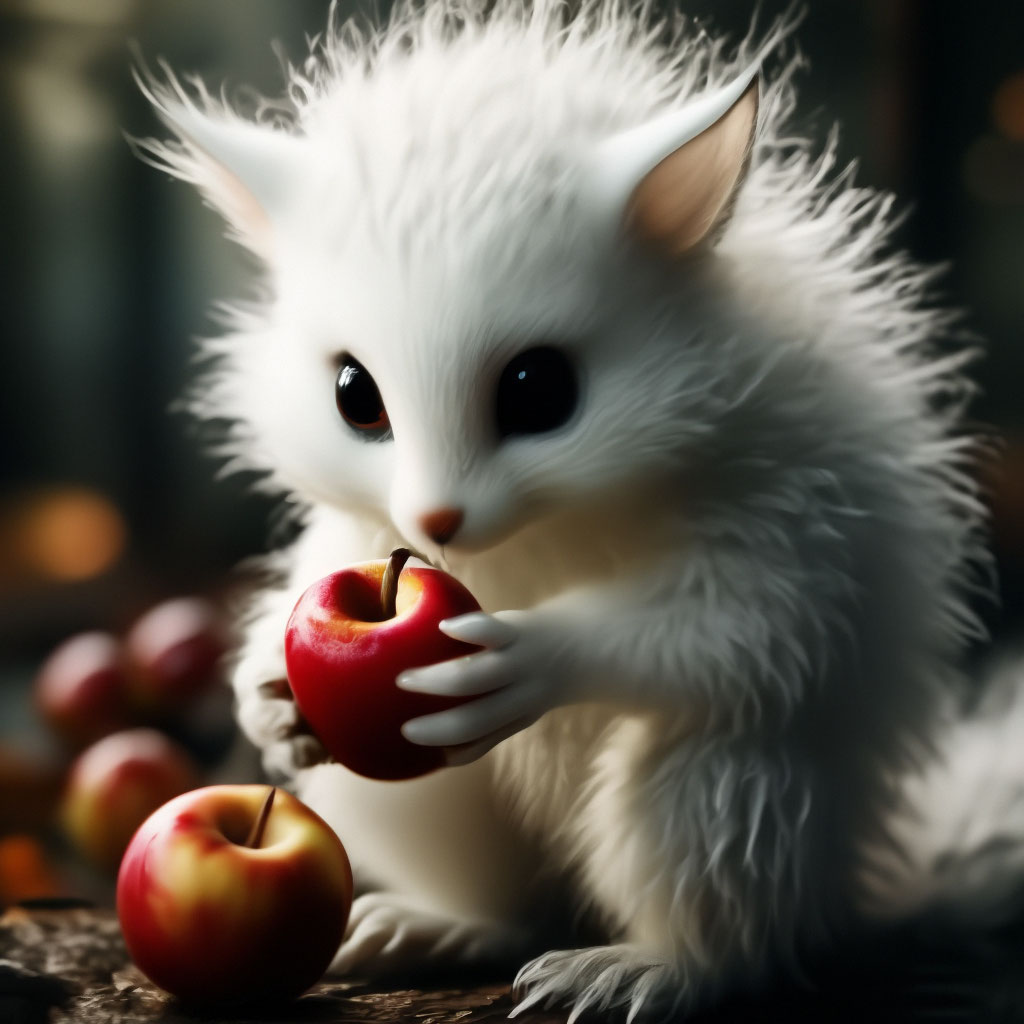 "A filigree pale white fragile furry creature eating an apple" — image ...