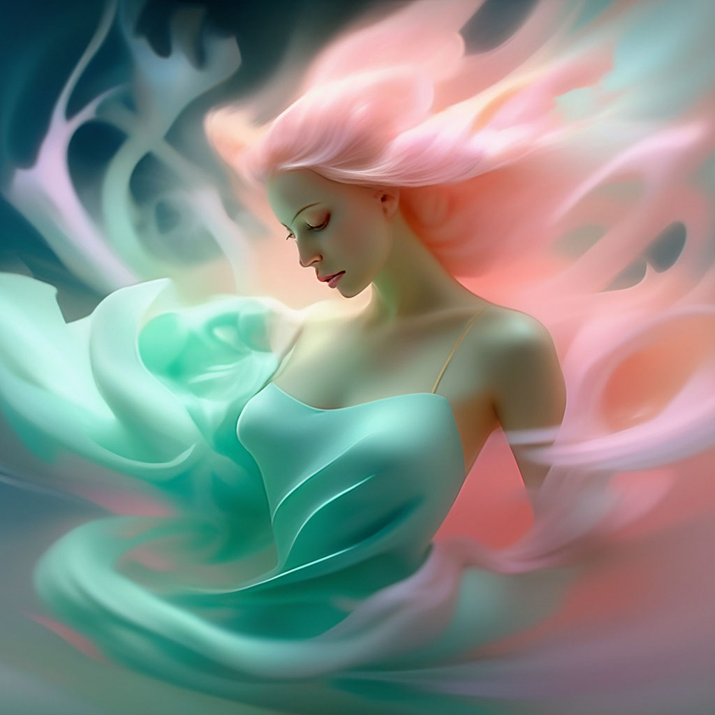 ".Mint and pink, blue and peach, beautiful female Nymph in light motion ...