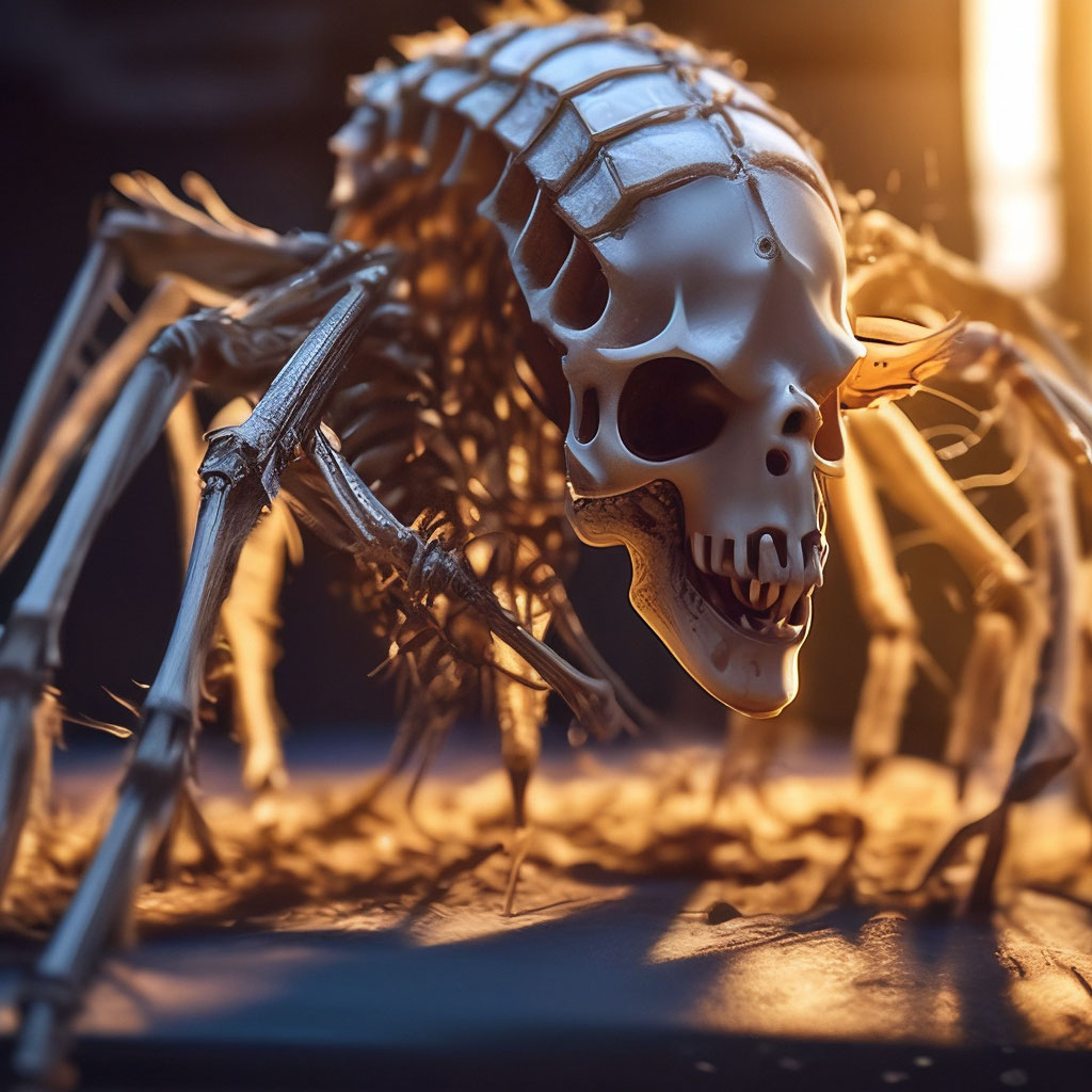"Tarantula-skeleton, with a large living skull, covered with cobwebs ...