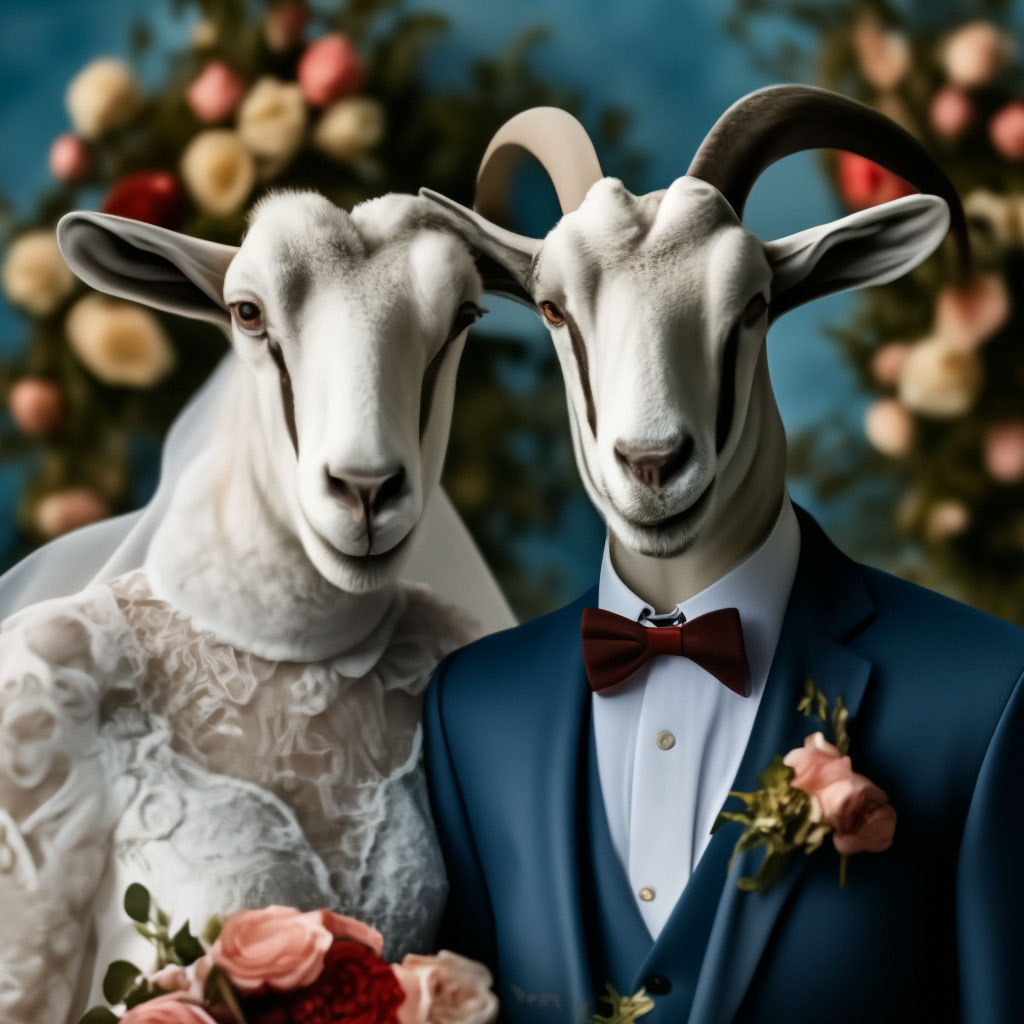 "Goat wedding with goat, blue background background, arch of roses ...