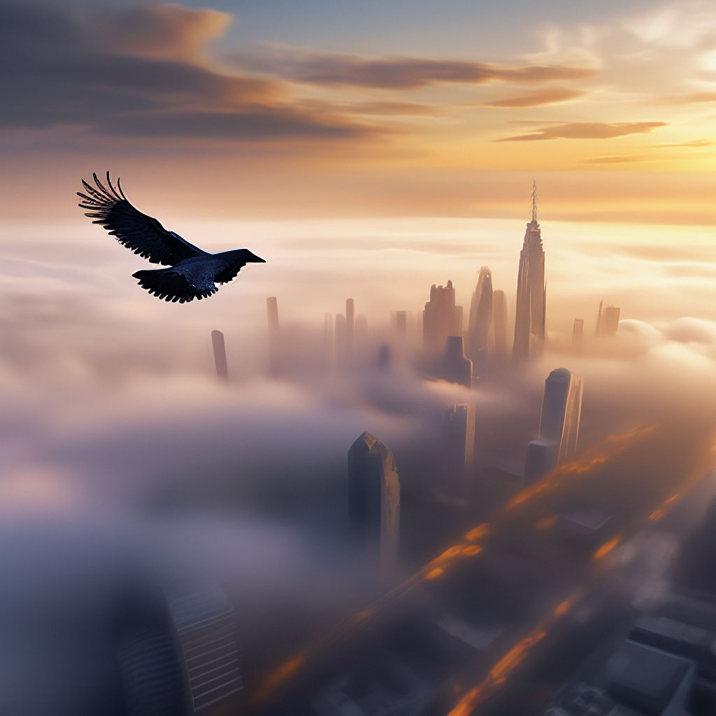 "White crow fire crow golden white fog gently transparent pastel tones ...