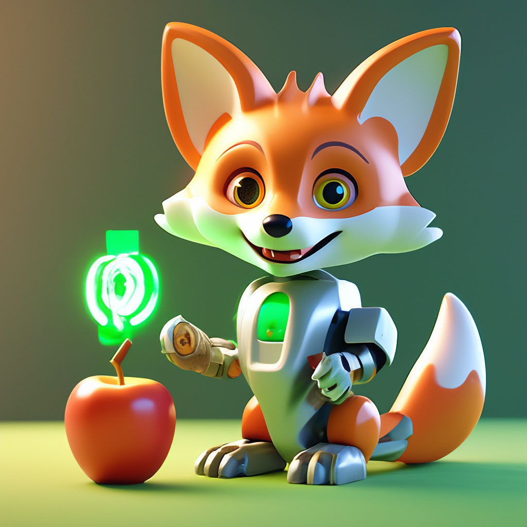 "A sly cartoon robot fox cub smiles and waves his hand, next to a real ...